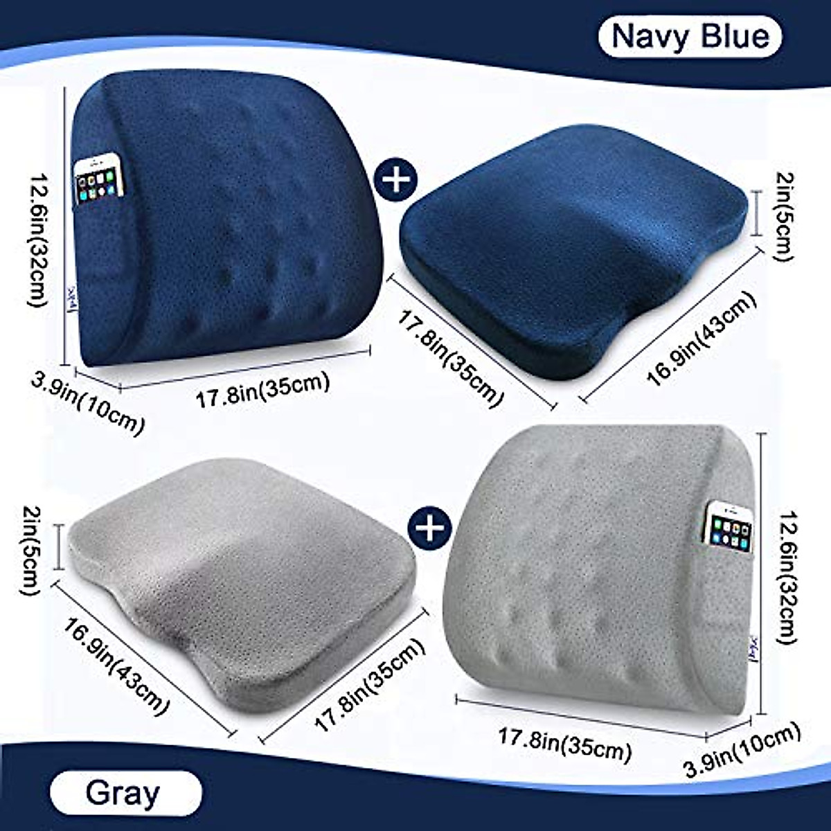 Memory Foam Seat Cushion & Back Cushions，Lumbar Support Pillow for Office Chair and Car ，Ergonomic Design for Coccyx Orthopedic，Relieves Back, Hip, Tailbone (Navy Blue)