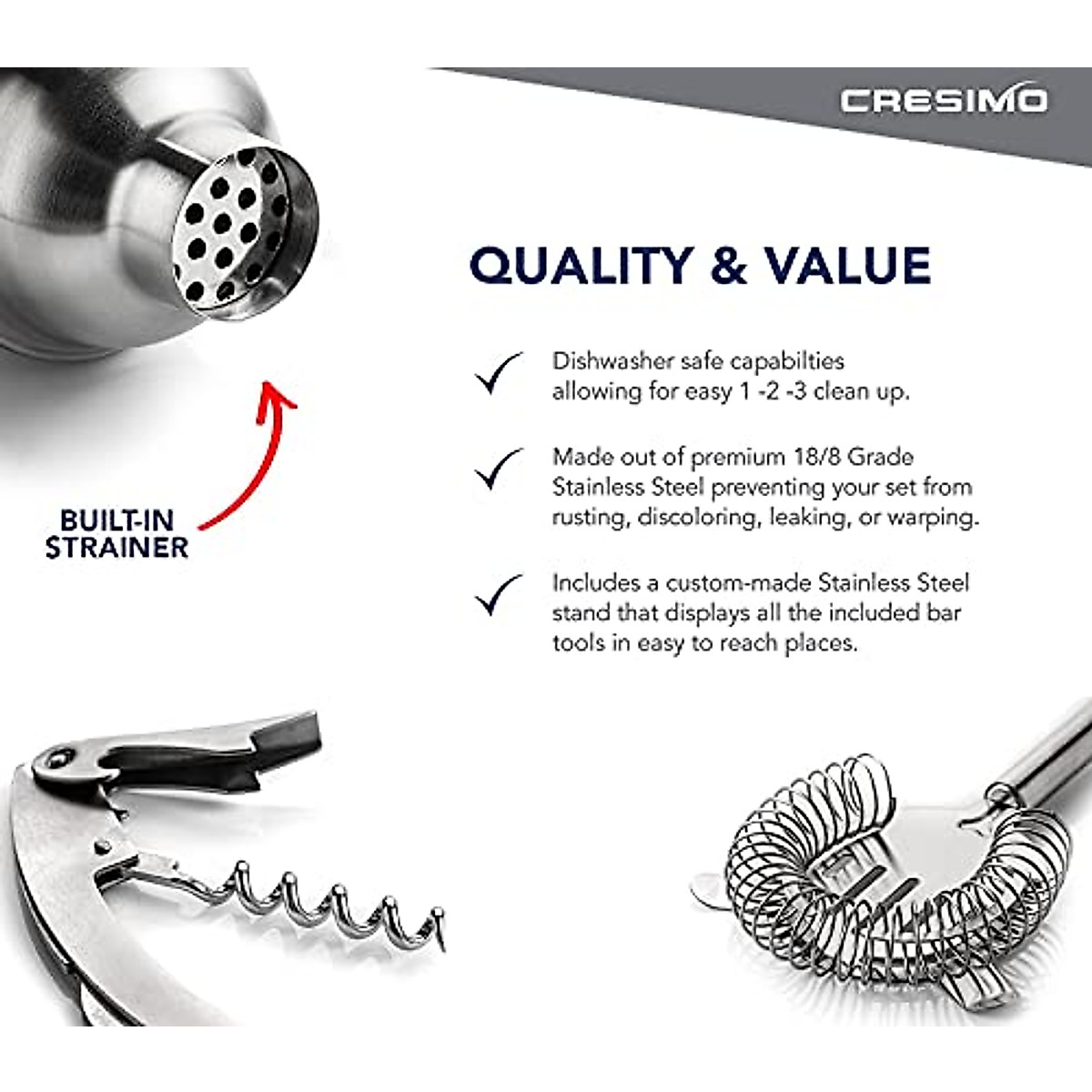 Cocktail Shaker Set with Stand- 12 Piece Stainless Steel Cocktail Set - 18oz Bar Shaker Set, Bar Tools, Perfect Cocktail Kit for Beginners or Professionals, Mixology Bartender Kit, Bar Kit - Cresimo