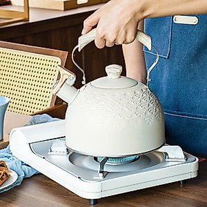 Whistling Tea Kettle Stainless Steel Tea Pots for Stove Top Stylish Kettle With Wood Pattern Anti-slip Handle,2.6 Quart, Beige