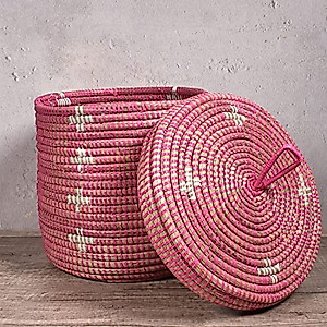 African Fair Trade Handwoven 9-inch Lidded Basket, Pink with White Blossoms