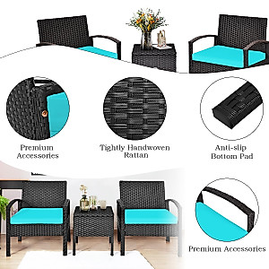 DORTALA 3 Piece Wicker Patio Furniture Set, Outdoor Conversation Bistro Sets with Rattan Chairs & Storage Table for Backyard Porch Garden Poolside, Turquoise