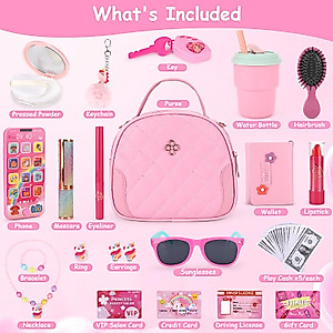 Little Girls Play Purse and Pretend Makeup Kit- 49PCS My First Purse Set Includes Handbag Phone Wallet Play Makeup Princess Jewelry Water Bottle, Pretend Play Gift Toys for Girls Toddlers Age 3+