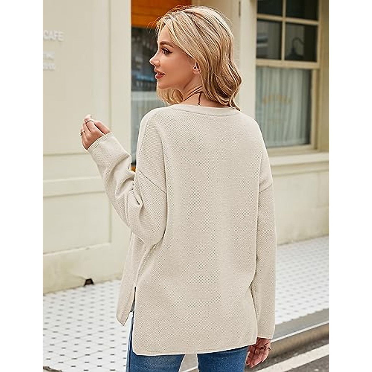 KTILG Pullover Sweaters for Women Oversized Sweater Side Slit Long Sleeve Loose V Neck Button Henley Tops Pullover Knit Jumper Beige, M