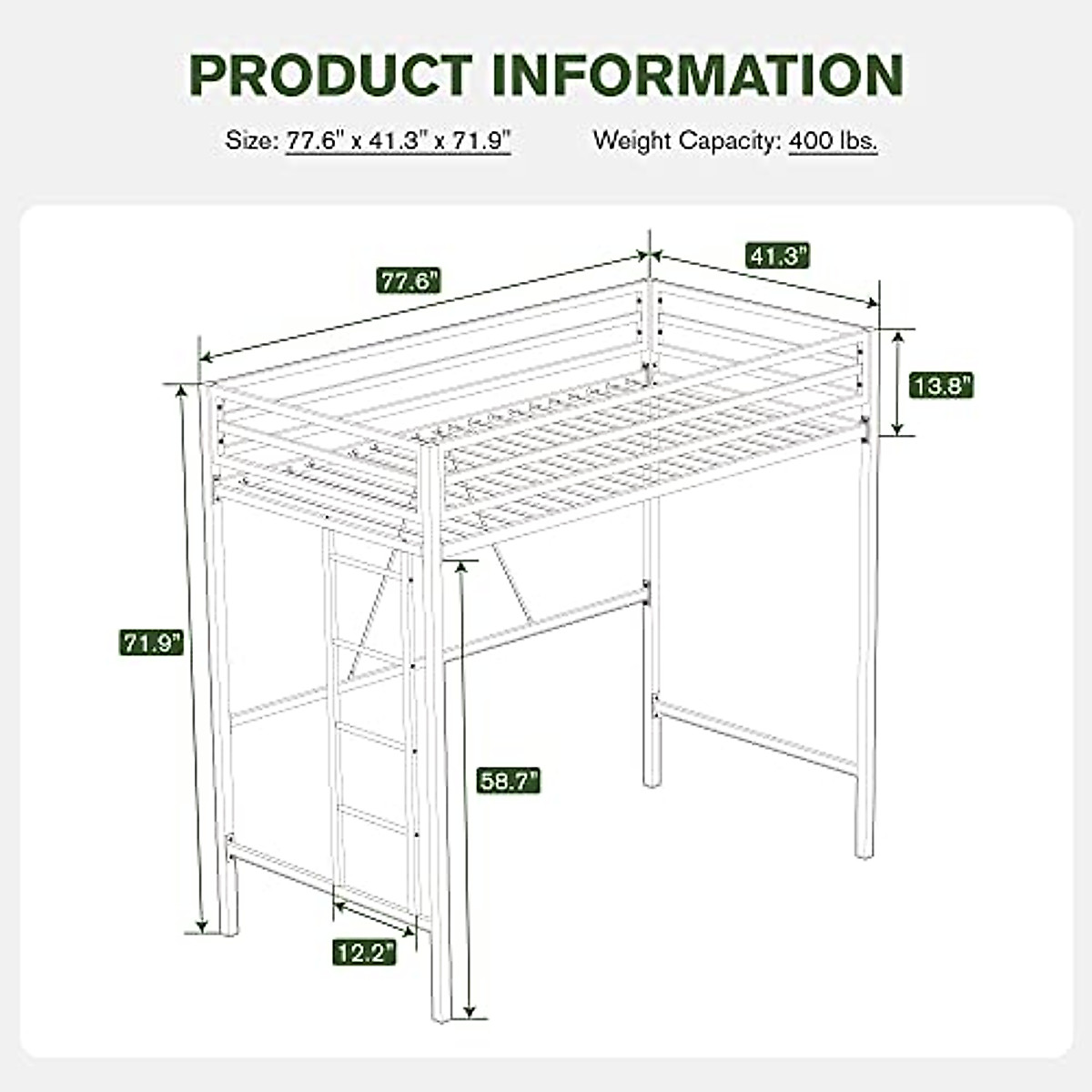IMUsee Loft Bed Frame for Juniors&Adults, Metal Loft Bed Twin Size with Safety Guardrail&Removable Ladder, Space-Saving, Noise Free, Matte Black