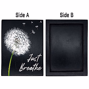 Maoerzai Just Breathe Wall Art Dandelion Sign, Wooden Box Sign Office Desk Decor, Rustic Farmhouse Home Decor for Bathroom Living Room Kitchen Sign. (6 X 8 X 1.2 inch, Black - Dandelion-3)