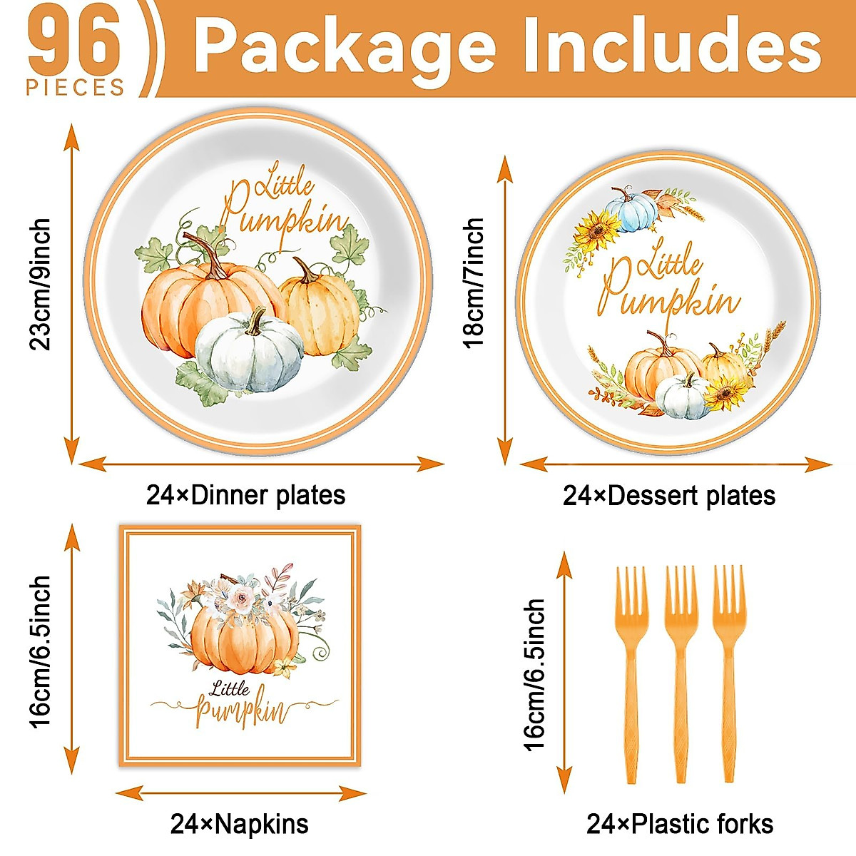ZOIIWA 96 Pcs Little Pumpkin Baby Shower Tableware Set Thanksgiving Party Supplies Gender Reveal Dinnerware Pumpkin Baby Shower Party Disposable Fall Plates Napkins Party Decorations Serves 24 Guests