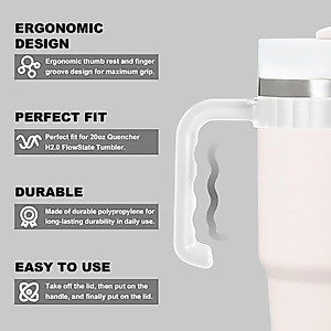 2pcs Tumbler Handle for Stanley 14oz Quencher H2.0 Flowstate Tumbler, 14oz Tumbler Handle Attachment Anti-Slip Improved Grip Car Cup Holder Friendly for Cup Accessories (White)