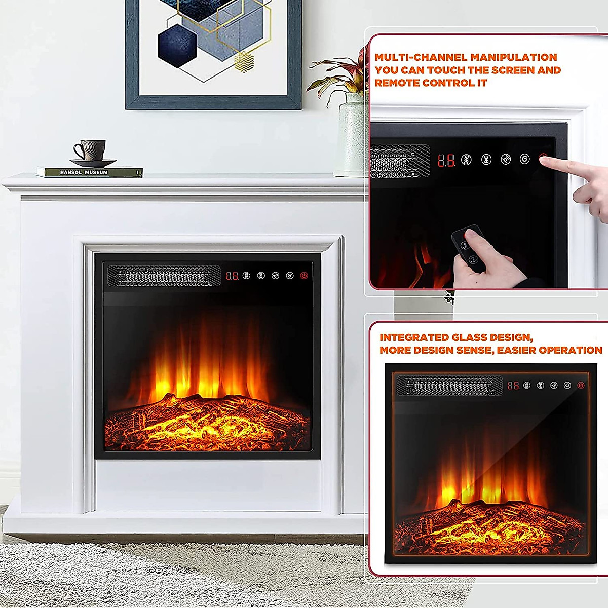 BOSSIN 18 Inch Electric Fireplace Insert with LED Realistic Flame,Small Recessed Fireplace Heater with Touch Screen&Remote Control,Portable Compact Fireplace with Adjustable Flame, Timer 750/1500W