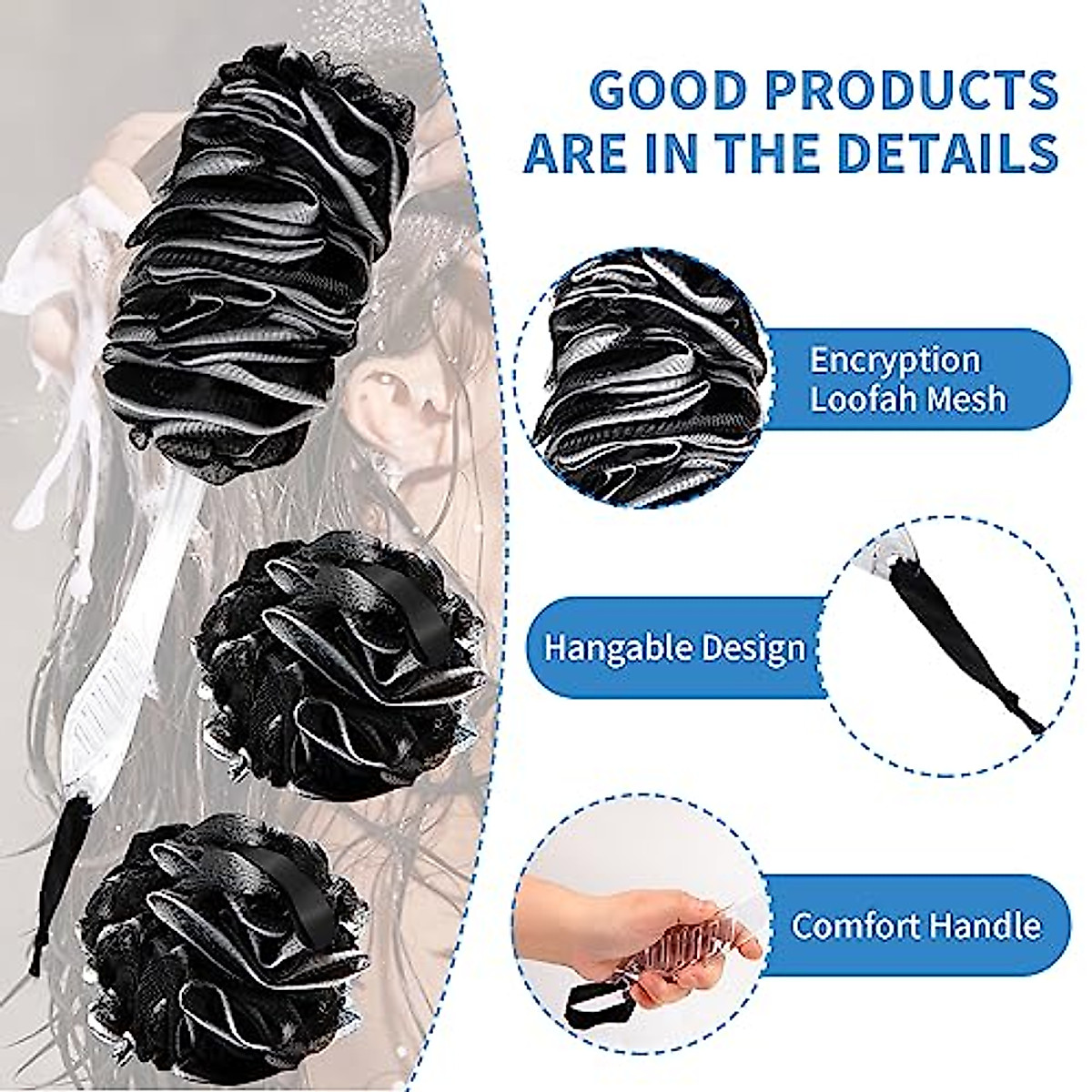 BCKENEY Bath Loofah Sponge Back Brush with Long Handle Extra Large 75g Soft Mesh Shower Poufs for Women & Men - Exfoliator Bathing Accessories (3Pcs 75G XL Charcoal Black)