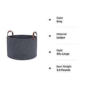 Large Baskets for Storage Cotton Rope Basket Laundry Basket Hamper- Hombins Woven Toy Bin Blanket Holder XXL Grey Collapsible Laundry Basket with Leather Handle, 20"X20"X13"