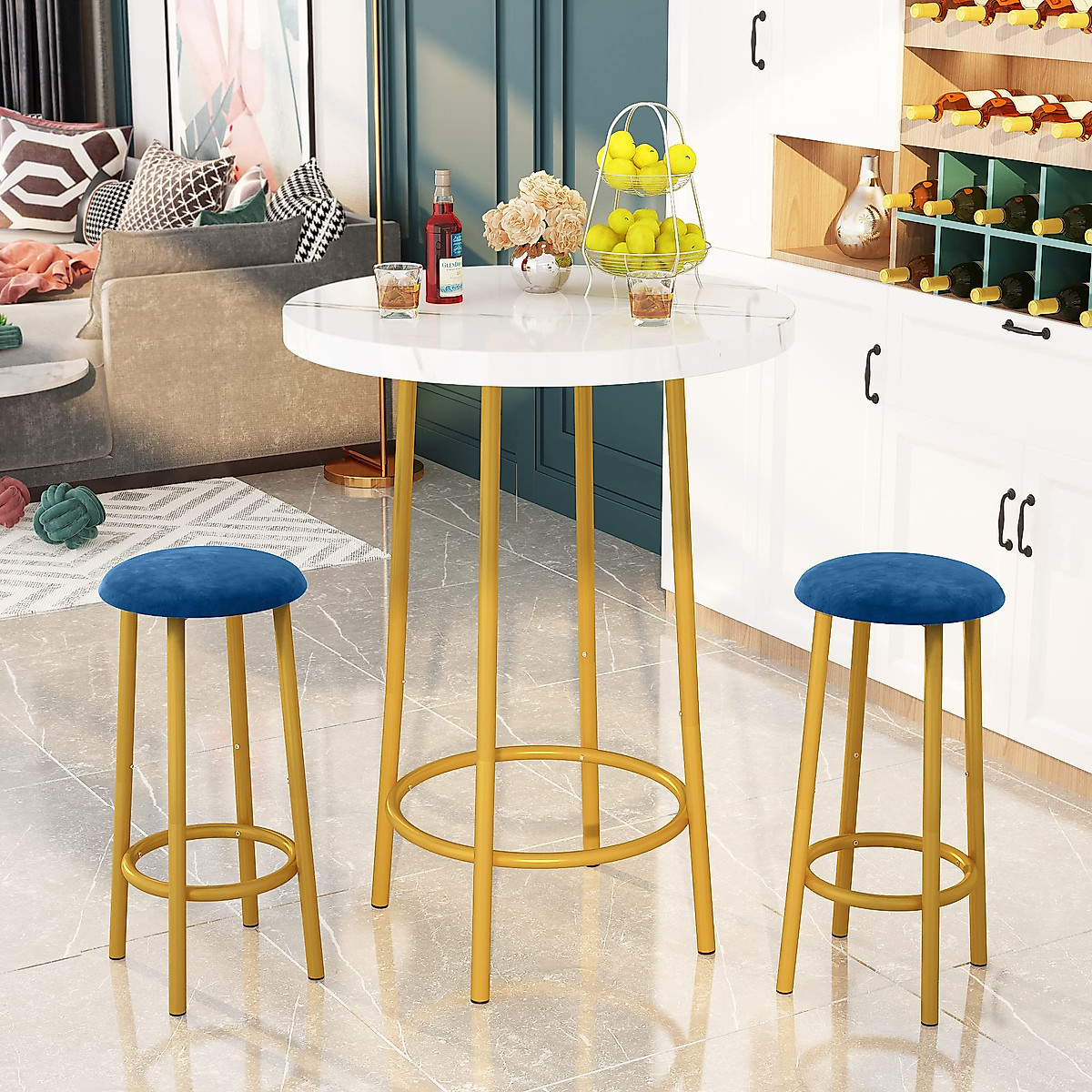 AWQM 3 Piece Bar Table Set, Round Pub Dining Set with Golden Metal Frame, Velvet Bar Stools, Ideal for Breakfast Nook, Kitchen, Small Spaces