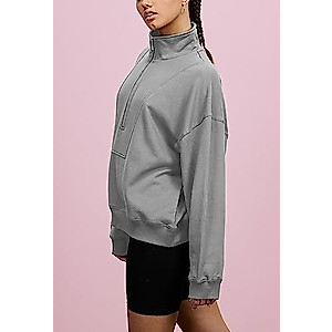 Fixmatti Women Oversized Zip Up Sweatshirts Half Zipper Long Sleeve Drop Shoulder V Neck Pullover Tops Light Grey M