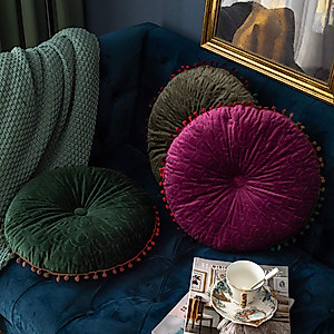 vctops Velvet Soft Round Chair Pads Cute Gradient Pom Pom Indoor Dining Chairs Cushion (Dark Green, Diameter 16")