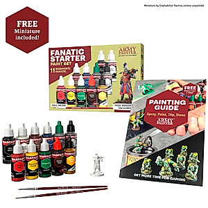 The Army Painter Warpaints Fanatic: Starter Set Combo, 11 paints: 7 acrylic colours, 2 Metallics, 1 Wash, 1 Brush-On Primer, 1 Basecoating Brush, Plus 1 Free Miniature figure and Starter Brush