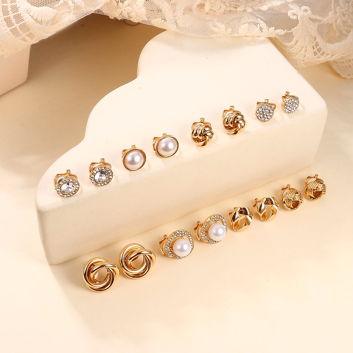 HAIAISO 6 Pairs Clip On Earrings Cubic Zirconia Pearl Knot Twist Clip On Earrings Non Pierced for Women Clip Earrings Set