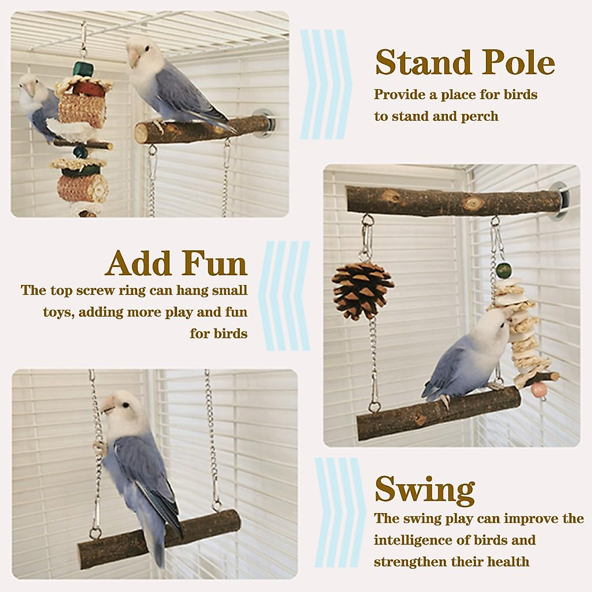 Bird Swing, Natural Wooden Parrot Cage Toys Bird Perch Stand for Parakeets Cockatoos Conures Lovebirds Bird Cage Accessories