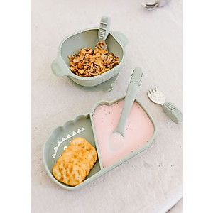 Loulou Lollipop Toddler Silicone Suction Snack Plate, Learning Fork and Spoon Set (Alligator)