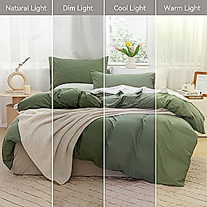 JELLYMONI Green 100% Washed Cotton Duvet Cover Set, 3 Pieces Luxury Soft Bedding Set with Zipper Closure. Solid Color Pattern Duvet Cover Queen Size(No Comforter)