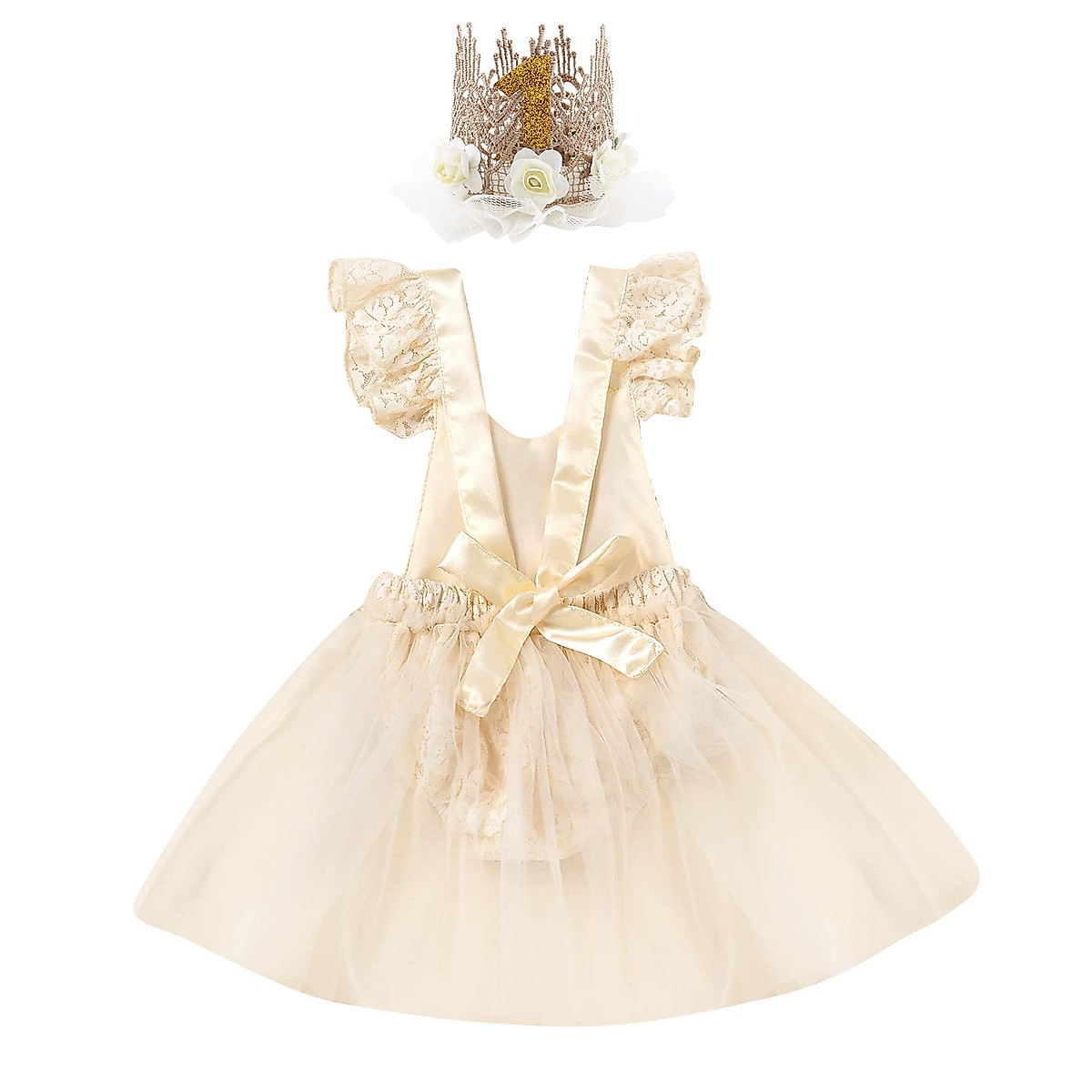 Baby Girls 1st Birthday Outfit Floral Lace Romper Ruffle Short Sleeve Backless Princess Party Tutu Dress Crown Headband Cake Smash Clothes for Photo Shoot 2Pcs Sets Beige One 12-18 Months