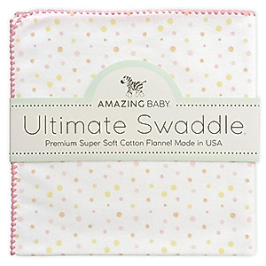 Amazing Baby Large Receiving Blanket, Ultimate Swaddle for Baby Boys, Girls, Softest US Cotton Flannel, Best Shower Gift, MADE in USA, Playful Dots Multi Pink, Mom’s Choice Winner, 42x42"