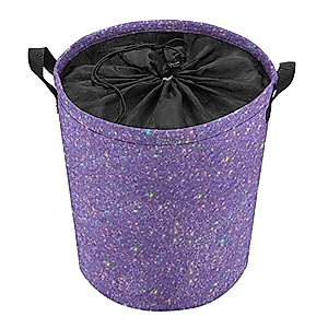 Laundry Hamper Purple Shiny Glitter Fabric Storage Basket Round Collapsible Bling Laundry Baskets with Drawstring Closure for Bedroom Living Room Bathroom