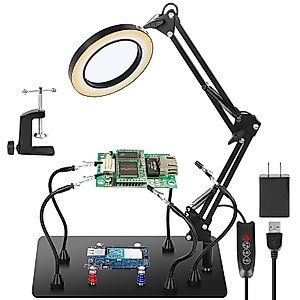 Soldering Station Kit with Clamp Magnifying Glass for Close Work, YSaekYeo Heavy Base & 2-in-1 Desk Magnifier with Stand, Adjustable Magnetic Helping Hands & Solder Arms, 3-Color LED (1BCW-MG-02)