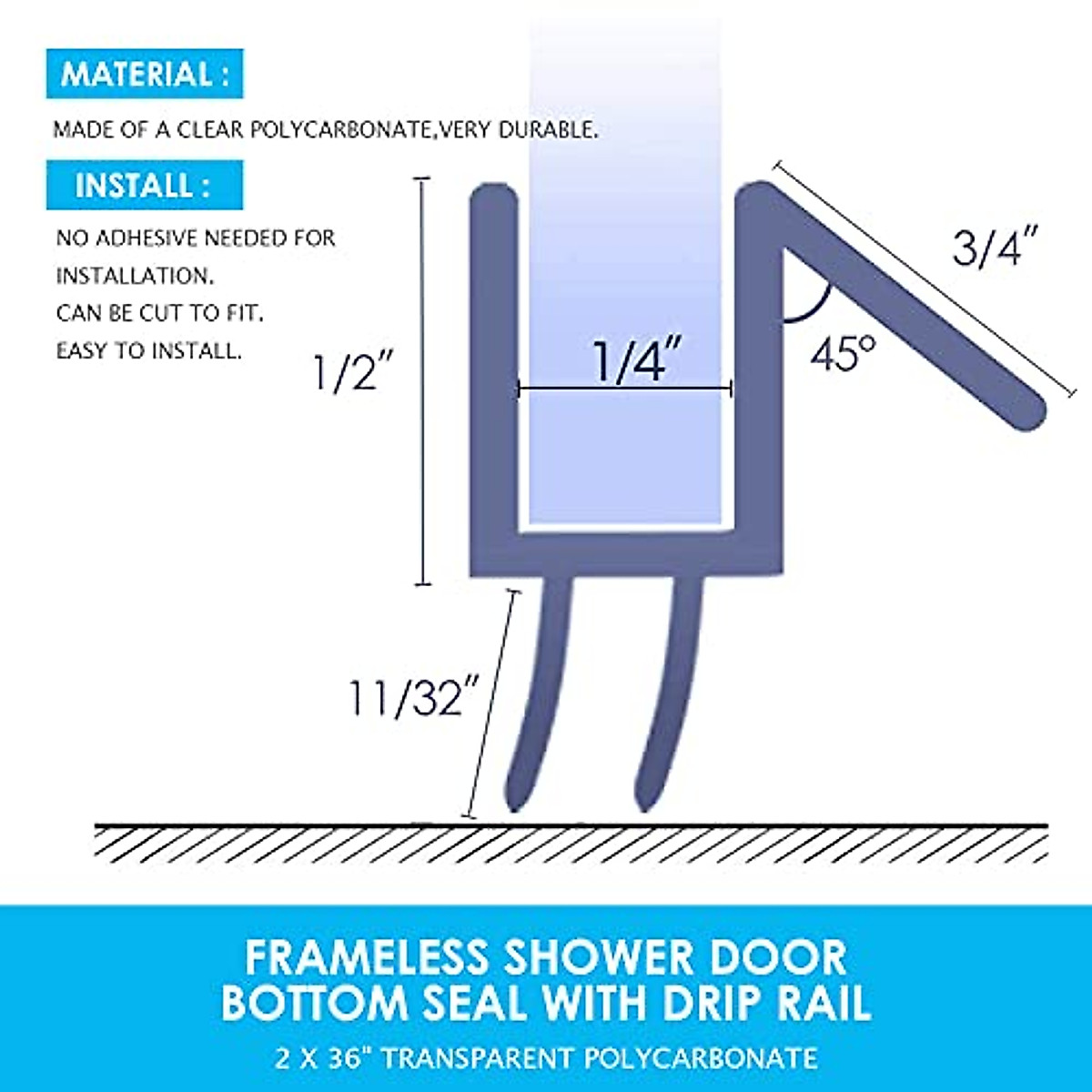 2 X Frameless Shower Door Bottom Seal Sweep Stirp 36 Inch Long for 1/4 Inch Glass