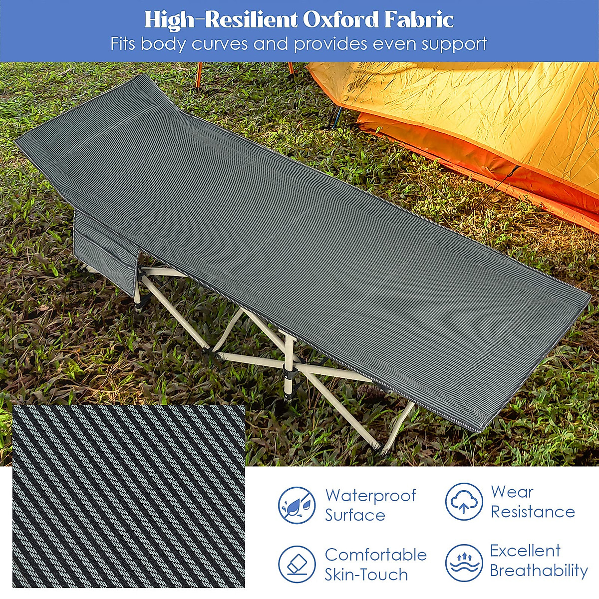 GYMAX Camping Cot, 882 LBS Folding Camping Cot for Adult with Carry Bag & Side Pocket, Heavy Duty Quick Folding Design Camping Bed for Sleeping/Nap, Portable Lightweight Military Cot (1, Grey)