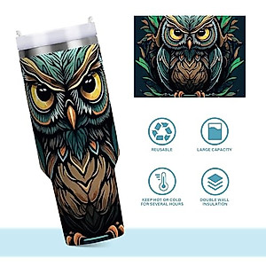 ODAWA 40oz Travel Coffee Tumbler with Straw and Handle, Owl Leak Proof Tumbler