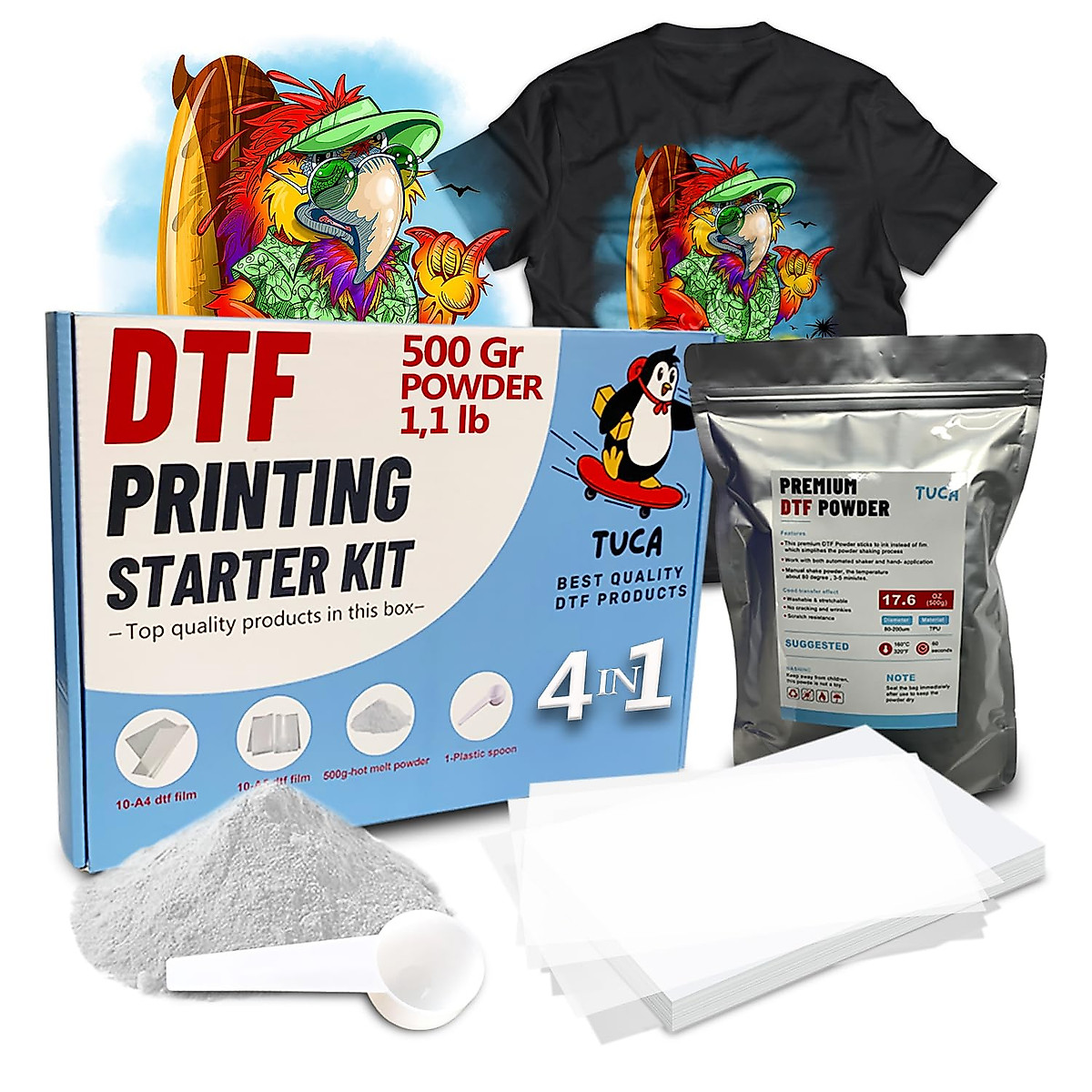 Tuca DTF Powder and Transfer Film for DTF Sublimation Printer, 500G/1.1 lbs White Digital Hot Melt Adhesive applies to All DTF Transfer Printers for Digital Prints on T-Shirts Textile A4/A5 20 Sheets