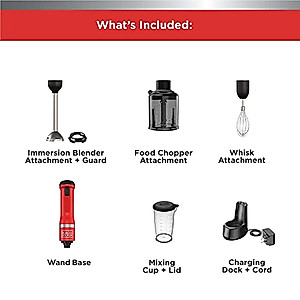 BLACK+DECKER Kitchen Wand Cordless Immersion Blender, 3 in 1 Multi Tool Set, Hand Blender with Charging Dock, Whisk, and Chopper, Red (BCKM1013K06)