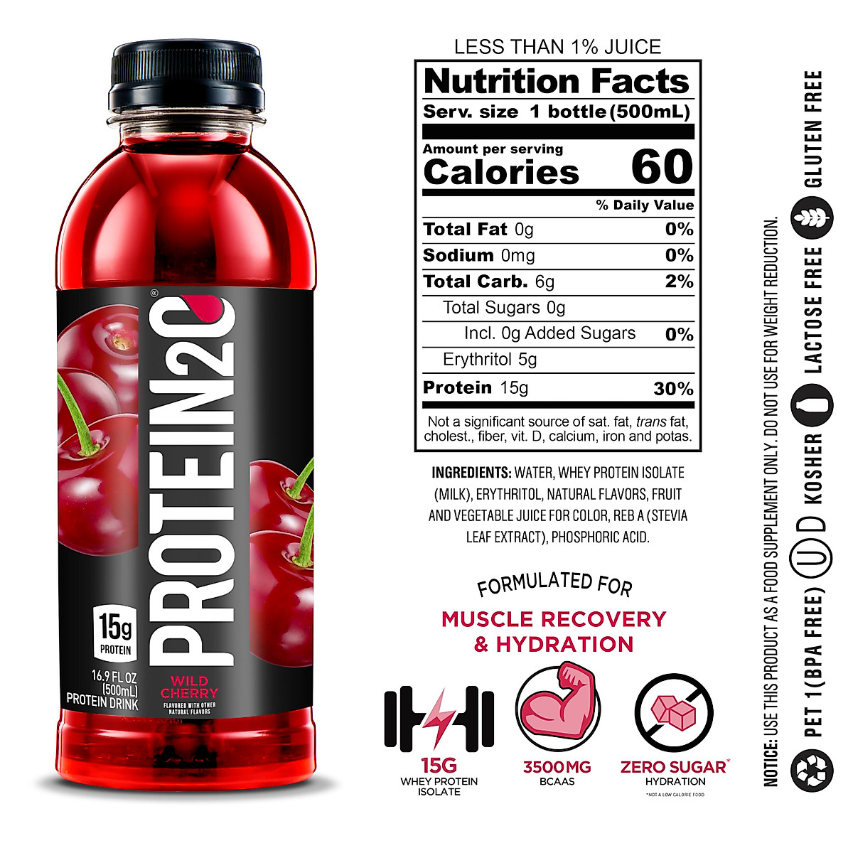 Protein2o 15g Whey Protein Isolate Infused Water, Ready To Drink, Sugar Free, Gluten Free, Lactose Free, No Artificial Sweeteners, Wild Cherry, 16.9 Fl Oz (Pack of 12)