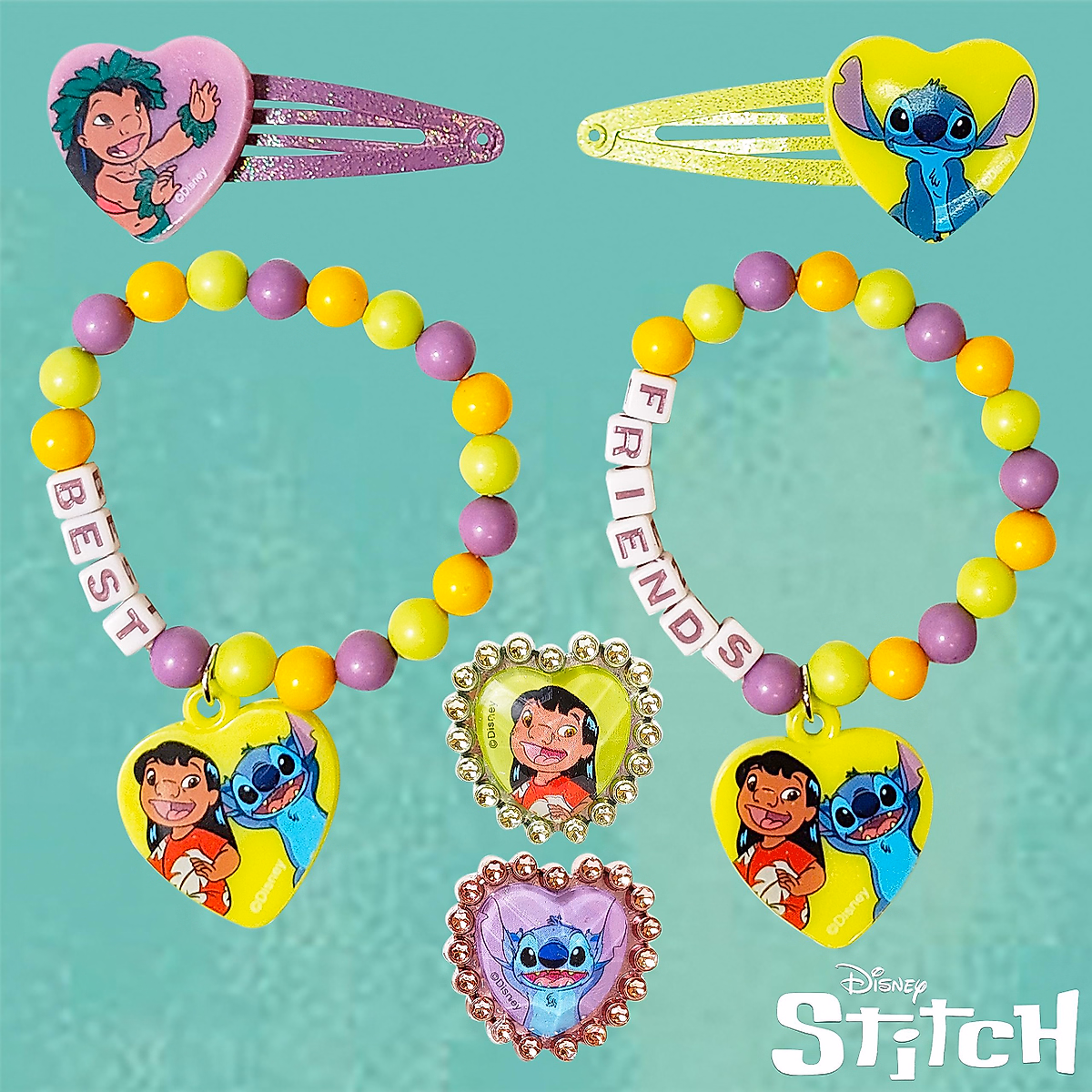 LUV HER Disney Stitch Girls BFF 6 Piece Toy Jewelry Box Set with 2 Rings, 2 Bead Bracelets and Snap Hair Clips Ages 3+