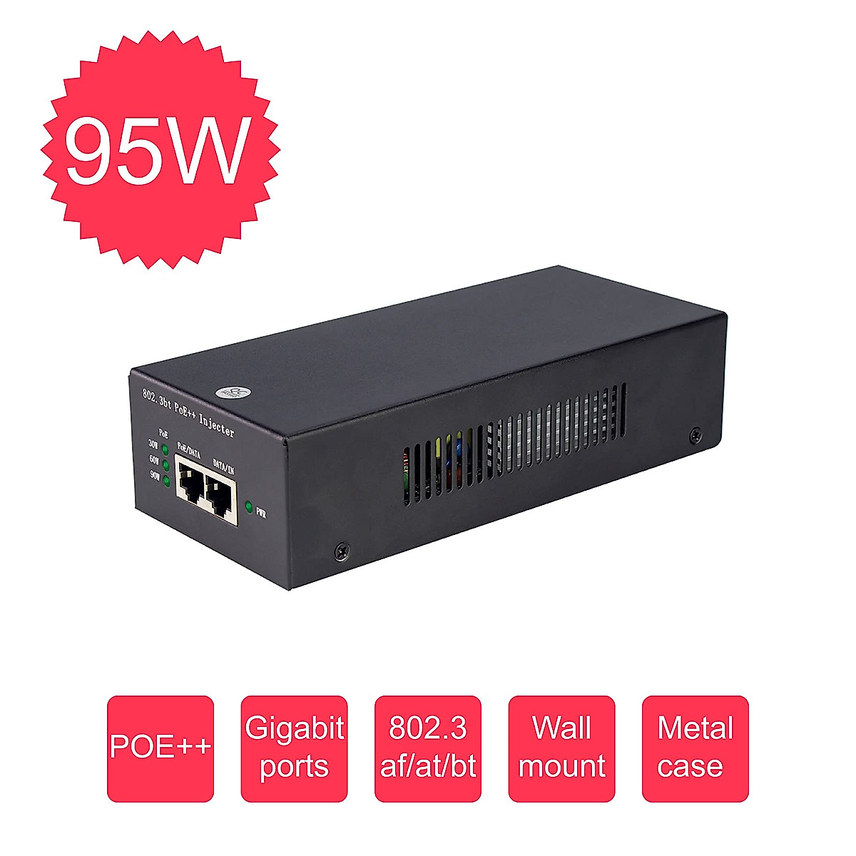 CENTROPOWER 90W High Power Gigabit PoE Injector Adapter,10/100/1000Mbps，Up to 90W Ultra Power Supply Ethernet PoE++ Injector，IEEE 802.3af/at/bt Compliant ，UL Certified.Plug & Play