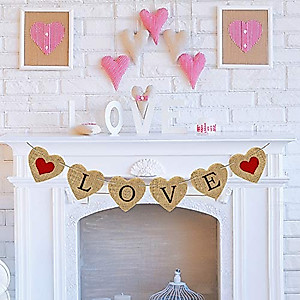 Cmaone Love Burlap Banner Valentines Day Decoration Banner Heart Shape Garland Bunting Flags for Valentines Wedding Baby Shower Anniversary Party Hanging Decorations