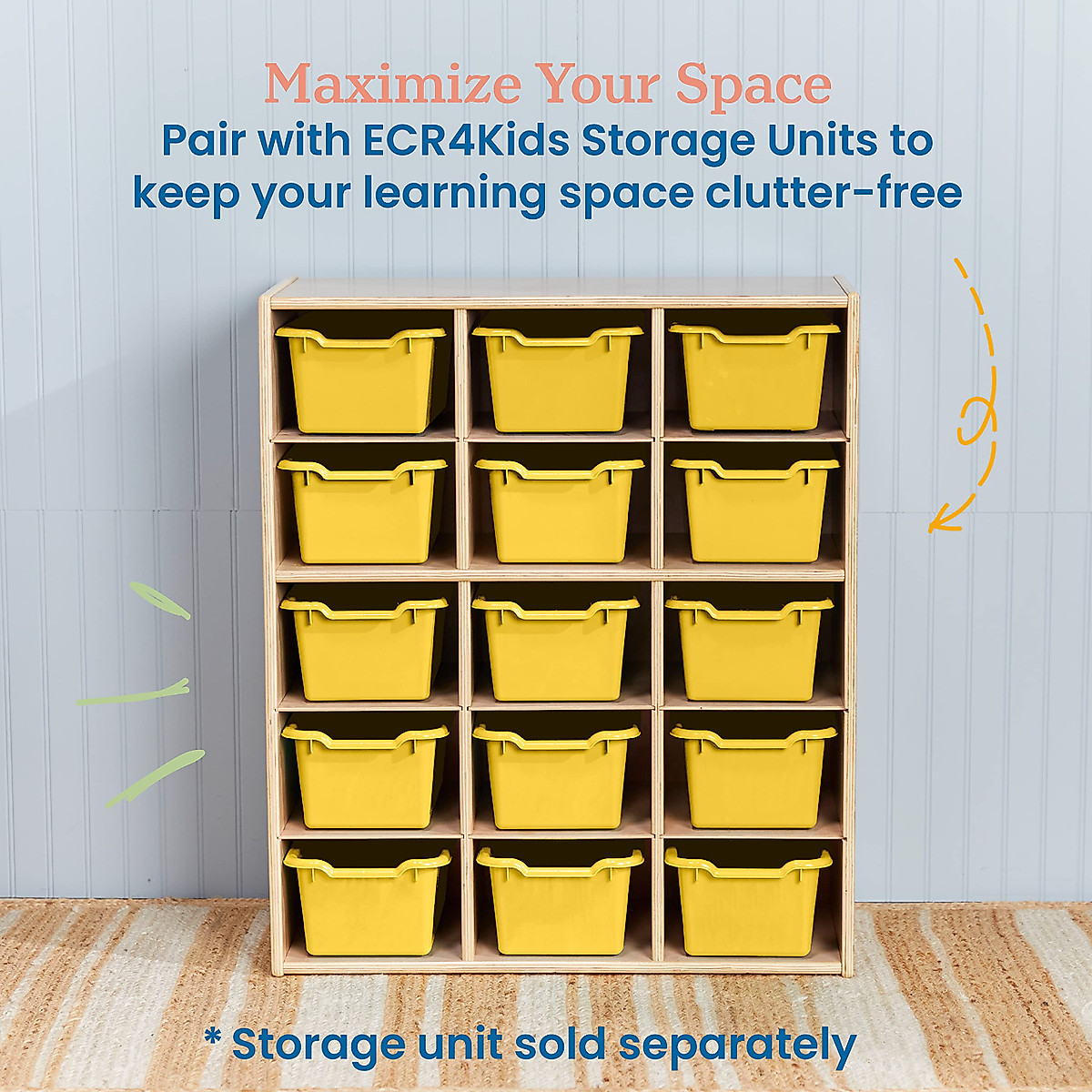 ECR4Kids Scoop Front Storage Bin, Multipurpose Organization, Yellow, 15-Piece