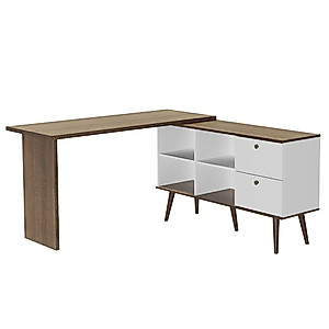 Madesa Modern L Shaped Desk 59 Inch with 2 Drawers and 4 Storage Shelves Home Office Corner Study Table Unit for Kids and Adults - White/Brown