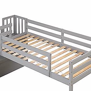 HomSof Twin Loft Bed with Slide Staircase Storage,Full-Length Safety Guardrails for Junior Boys Girls,No Box Spring Needed,Grey