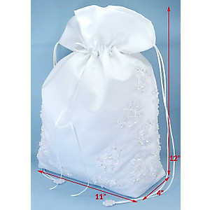 Satin Bridal Wedding Money Bag (#E1D4MBwh) in LARGE Size with Pearl-Embellished Floral Lace for Receiving Envelopes and Cards, Bridal Purse, and Other Special Occasions