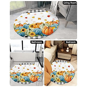 Autumn Pumpkin Fluffy Round Area Rug Carpets 5ft, Plush Shaggy Carpet Soft Circular Rugs, Non-Slip Fuzzy Accent Floor Mat for Living Room Bedroom Nursery Home Decor Thanksgiving Fall Plaid Leaves
