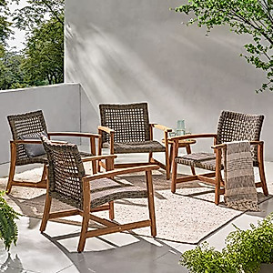 Christopher Knight Home Hampton Outdoor Mid-Century Wicker Club Chairs with Acacia Wood Frame, 4-Pcs Set, Natural Stained / Grey