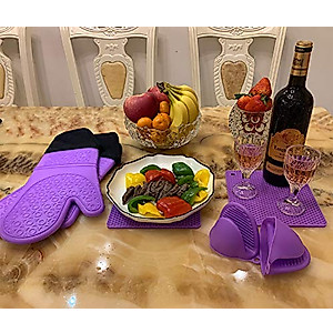Silicone Oven Mitts and Pot Holders Set, MTZRFLL Extra Long Heat Resistant Oven Gloves with Hot Pads and Mini Oven Mittens for Grilling, Kitchen Cooking Baking, Soft Quilted Lining, Pack of 6 (purple)
