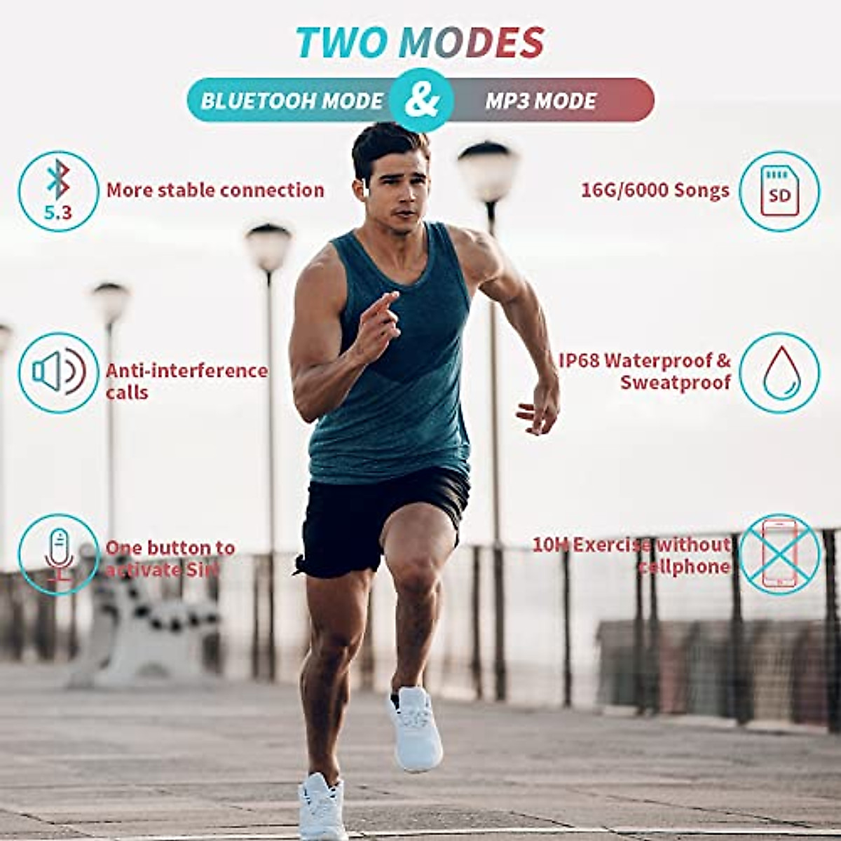 ReeRay Bone Conduction Headphones Wireless, R6 Open-Ear Sports Bluetooth5.3 Headset with Mic,Bone Conduction MP3 Player Built-in 16G Memory for Running Cycling Work Out