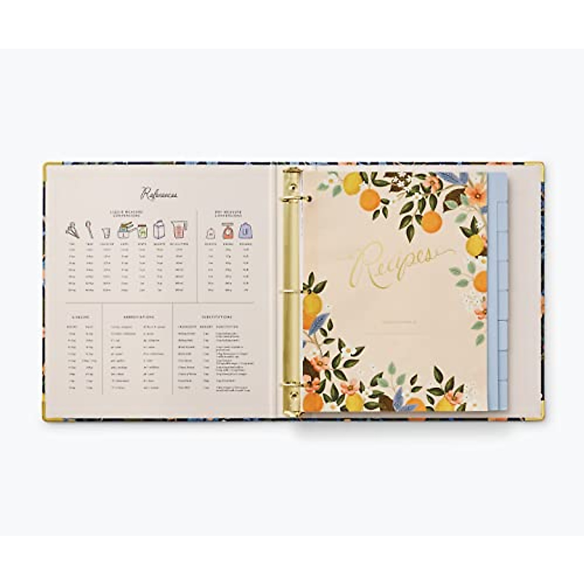 RIFLE PAPER CO. Citrus Grove Recipe Binder - 16 Tabbed Dividers, 10 Clear Recipe Card Sleeves, 1" Three-Ring Style, 11.5"L x 9.75"W, Double-Sided Pocket Folder and Adhesive Labels, Reinforced Corners