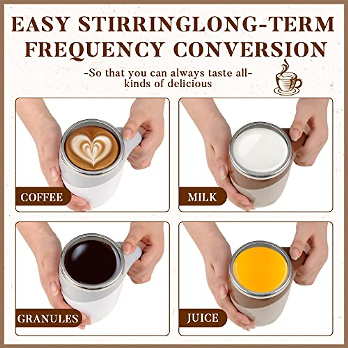 Self Stirring Coffee Mug 2 Pieces Rotating Home Office Travel Stirring Mug Automatic Magnetic Mug Stirring Coffee Mug Self Stirring Stainless Steel Mug Christmas Gift Birthday Gift (White, Coffee)