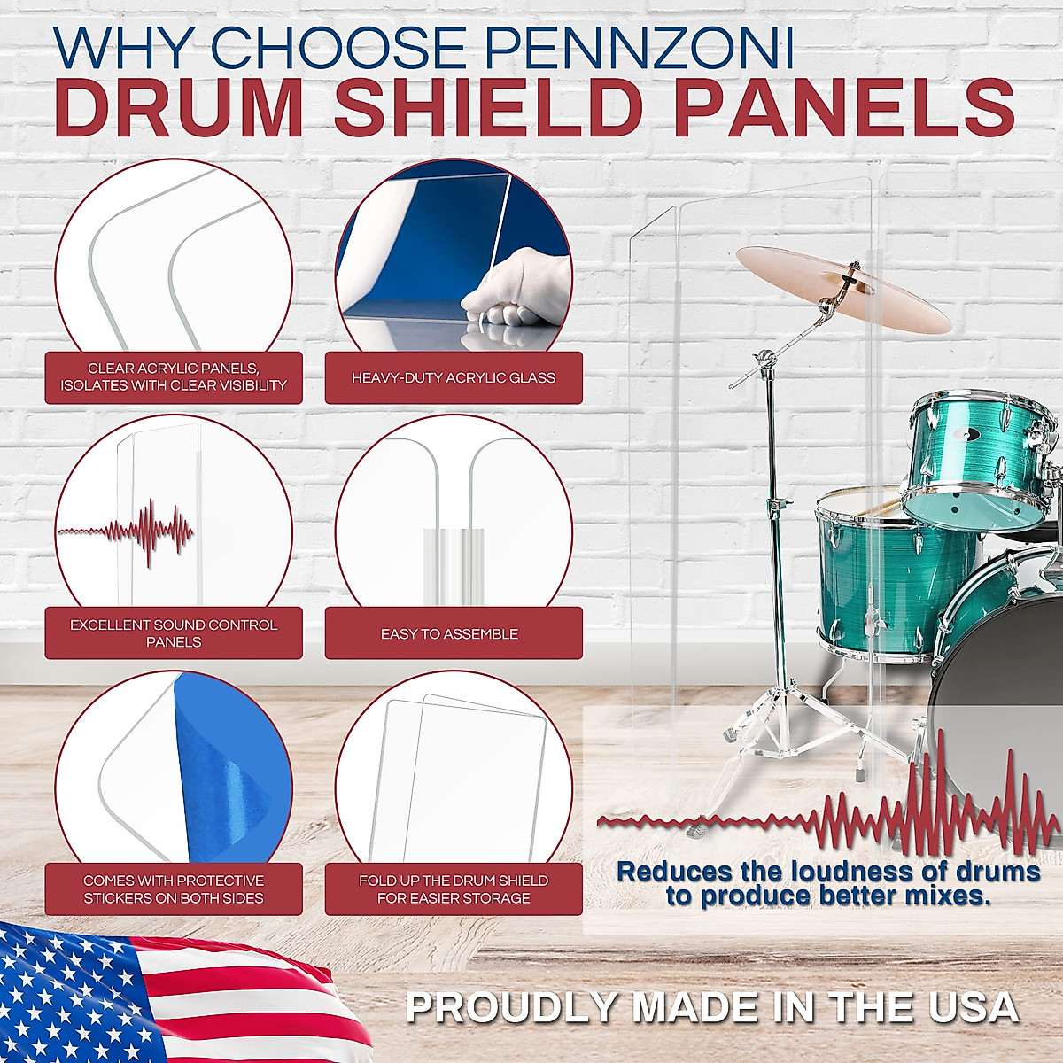 PENNZONI Drum Shield 5.5ft w/Living Hinges, Comes w/ 5 Drum Panels, & 4 Living Hinges, Premium Clear Acrylic Panels, Drum Screen