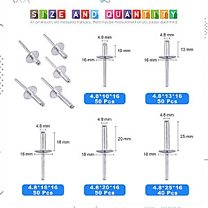 Glarks 240Pcs 3/16" x 3/8'' / 1/2'' / 5/8'' / 3/4'' / 1'' Large Flange Blind Rivets 5 Szie Aluminum Pop Rivets Assortment Set