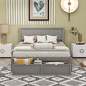 Full Size Platform Bed Frame with Under-Bed Drawers & Headboard, Platform Bed with No Box Spring Needed, Sturdy Wooden Slats Support for Bedroom Small Living Space Boys Girls Room (Gray, Full)