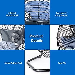 TEMPWARE 20 Inch High Velocity Industrial Floor Fan, 3-Speed Heavy Duty Metal Cradle Floor Fans with 360° Tilt for Warehouse, Workshop, Garage, Factory and Basement, Black & Blue