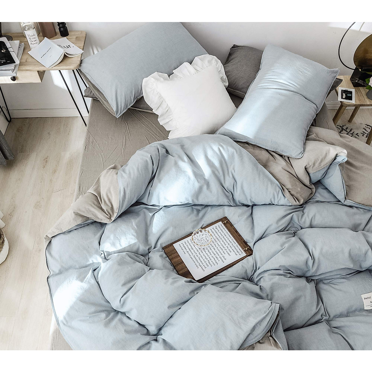 MOON'S SLEEPWARES / Herse Series / [ Sky Blue and Brown, California King Size ] [ 100% Cotton 200 Thread Count ] Duvet Cover Set (Duvet Cover with Two Pillow Cases) SJTDS240x275SB